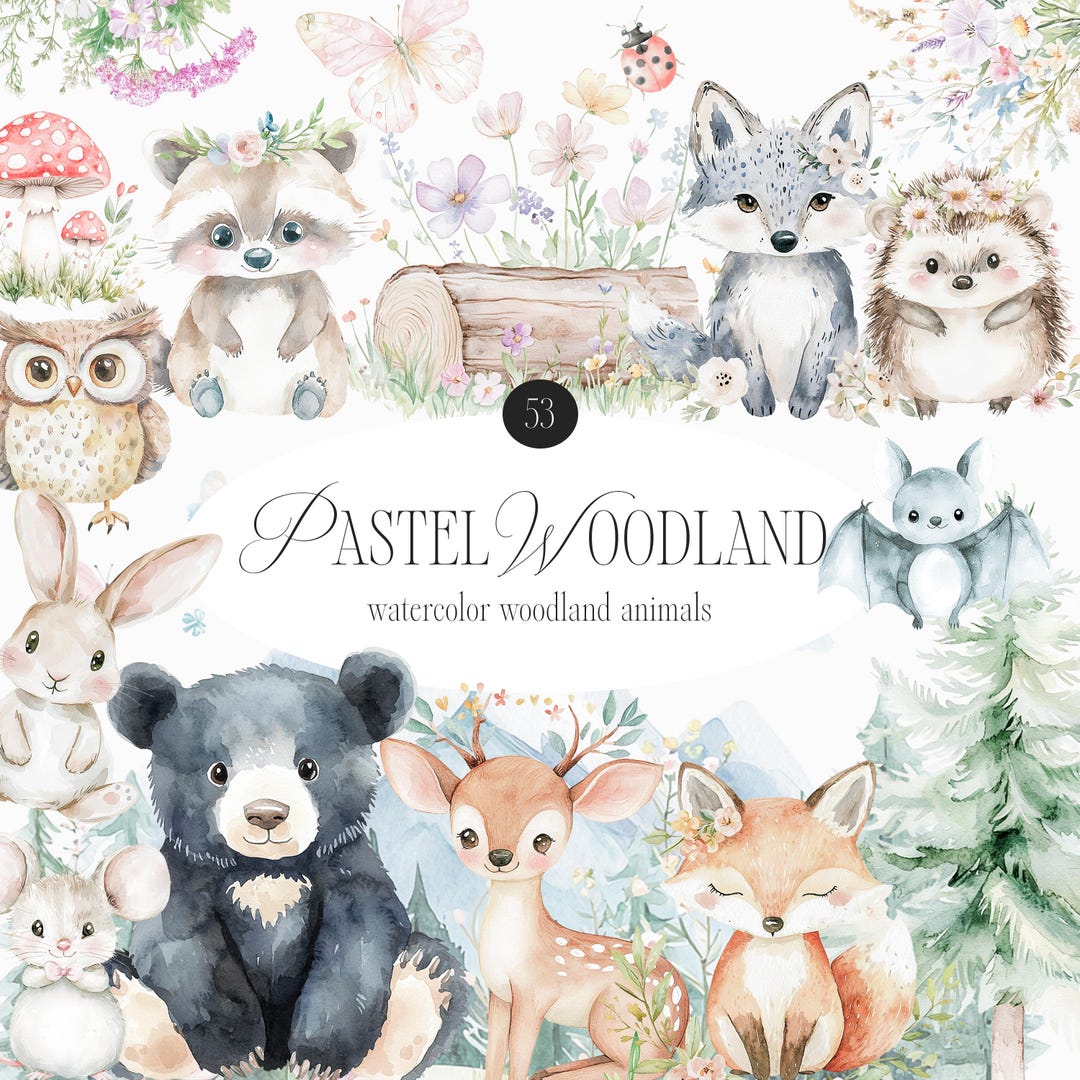 Watercolor Pastel Woodland Clipart Collection - Cute Woodland Animals ...