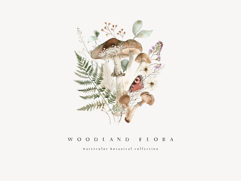 Watercolor Woodland Mushrooms and Flowers Clipart - Woodland Plants ...