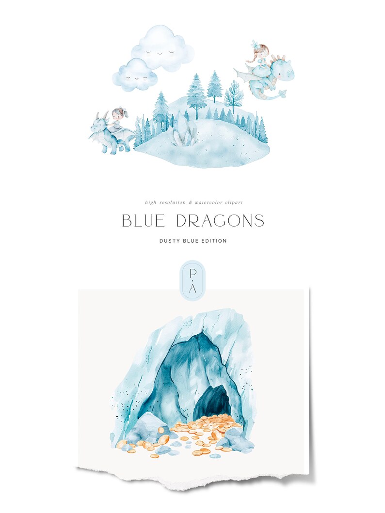 Blue Dragons Watercolor Clipart - Dragon Clipart - Kingdom Clipart ...
