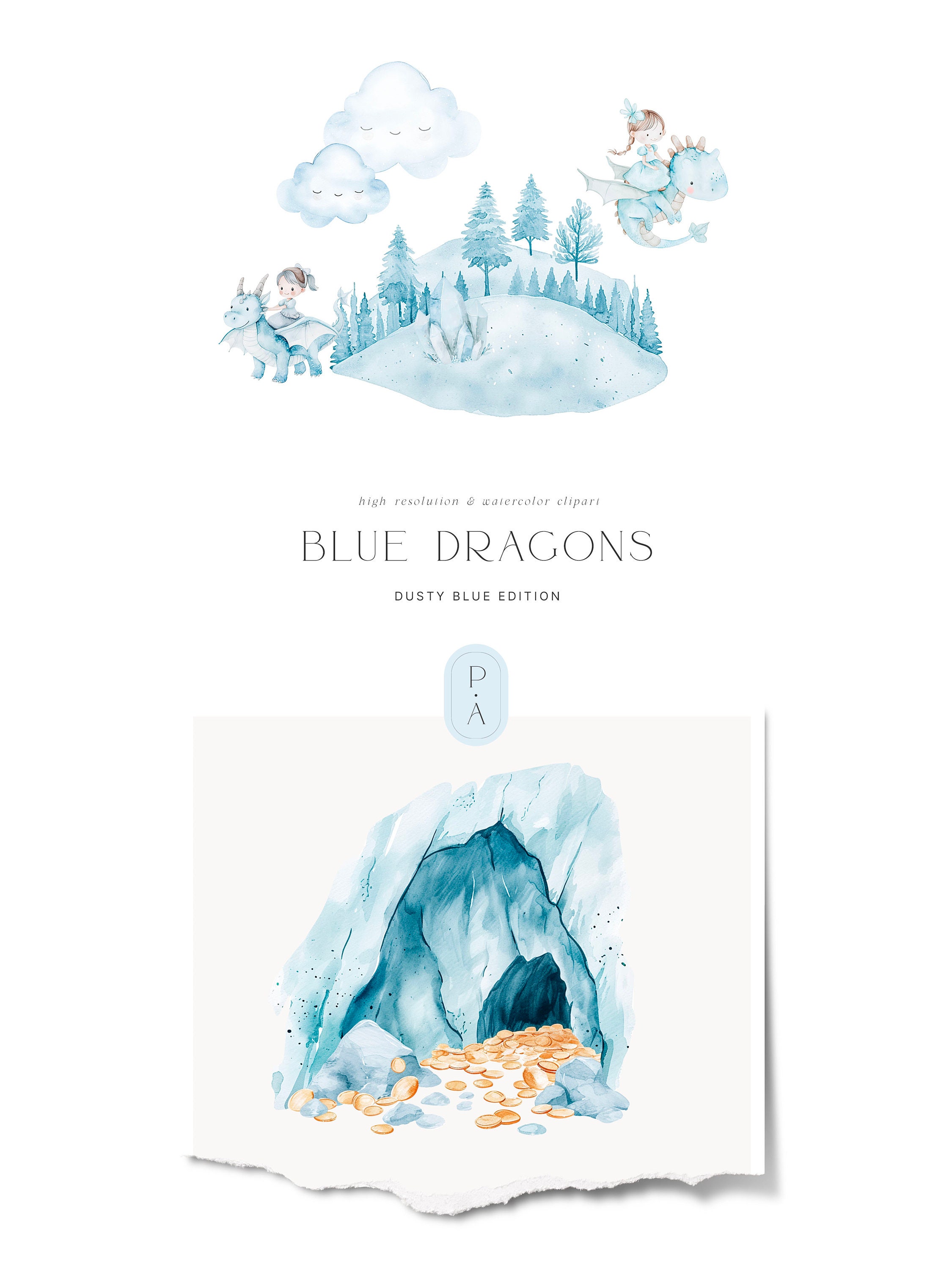 Blue Dragons Watercolor Clipart Dragon Clipart Kingdom Clipart Dragon ...