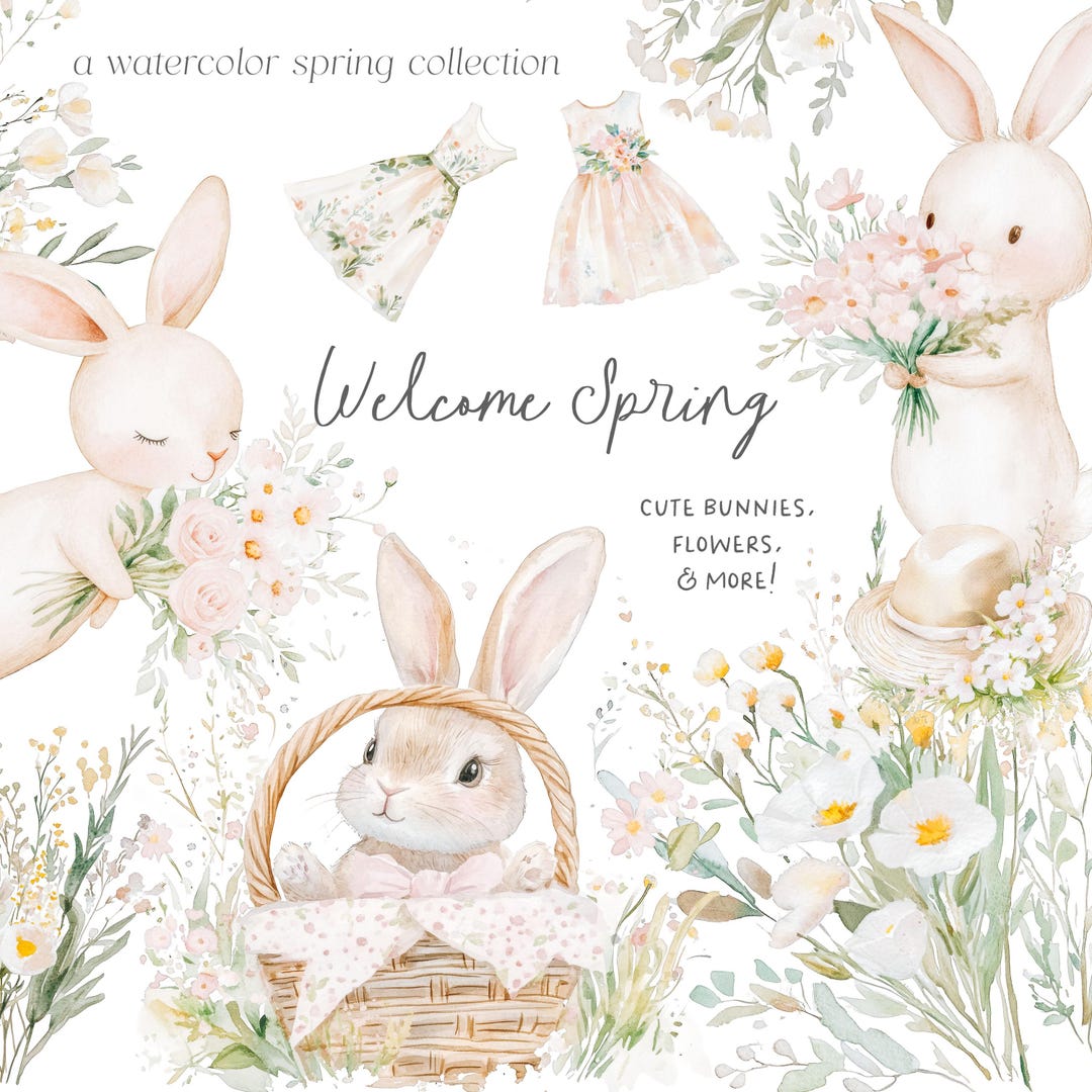 Cute Spring Watercolor Clipart - Bunny Clipart - Spring Nursery ...
