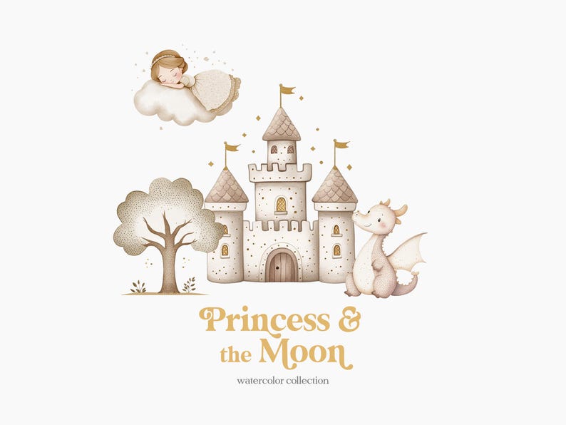 Watercolor Princess and Unicorn Clipart - Moon and Princess Clipart ...
