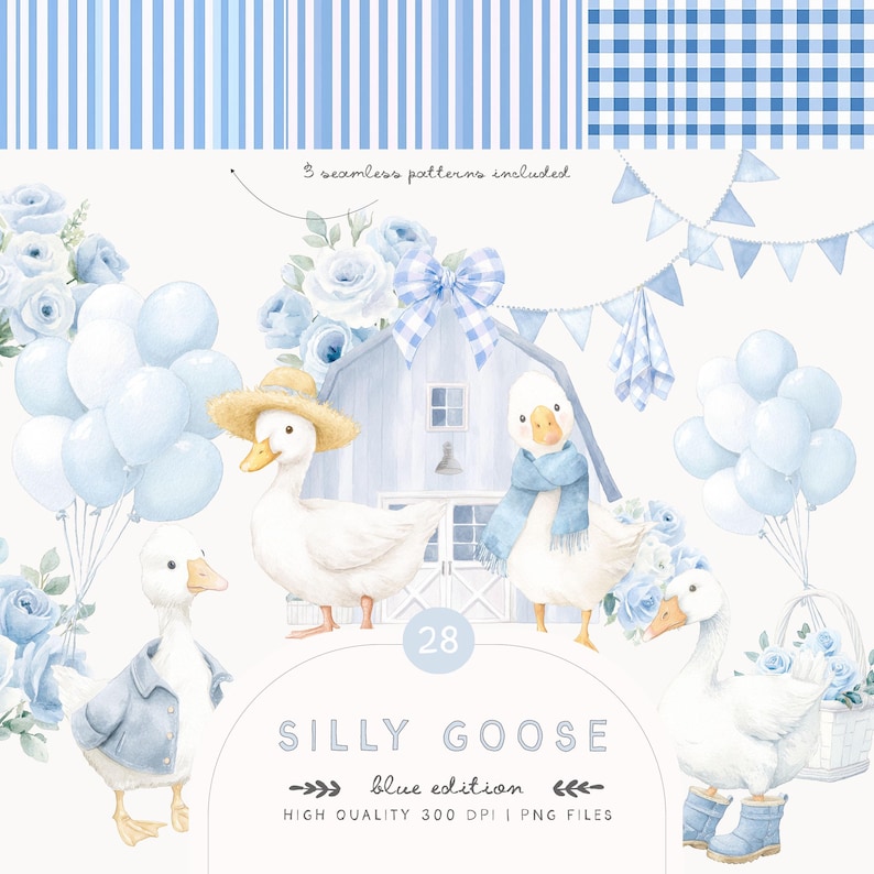 Dusty Blue Silly Goose Clipart Set - Watercolor Silly Goose ...