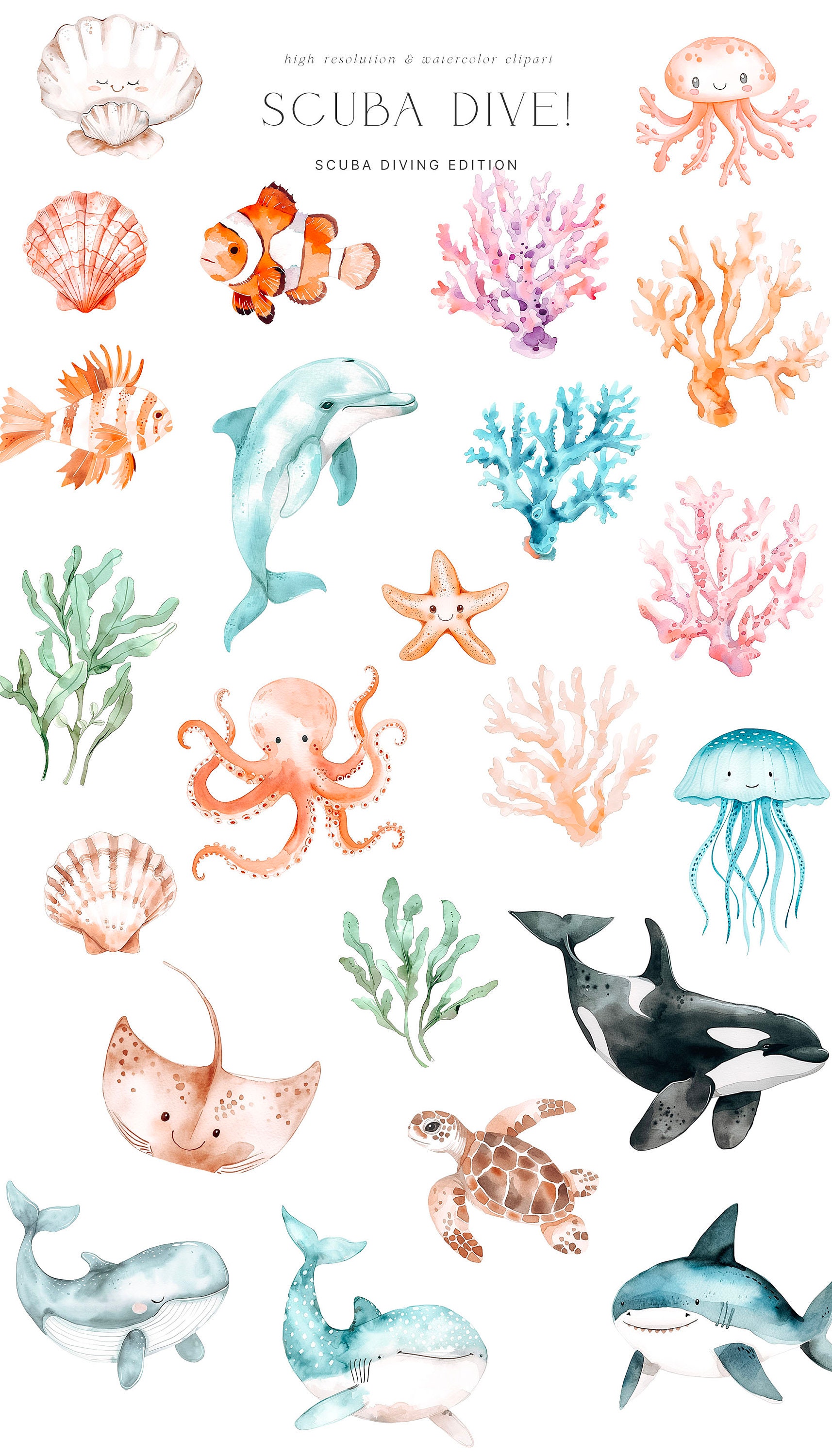 Cute Scuba Diving Watercolor Clipart Scuba Dive Clipart Underwater ...