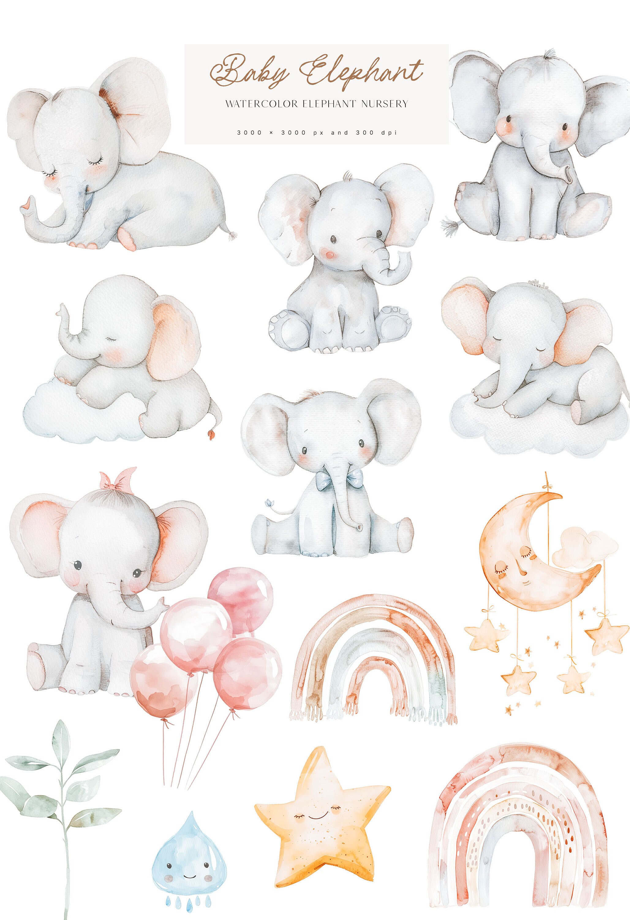 Baby Elephant Clipart Set - Watercolor Elephants - Elephant Nursery ...