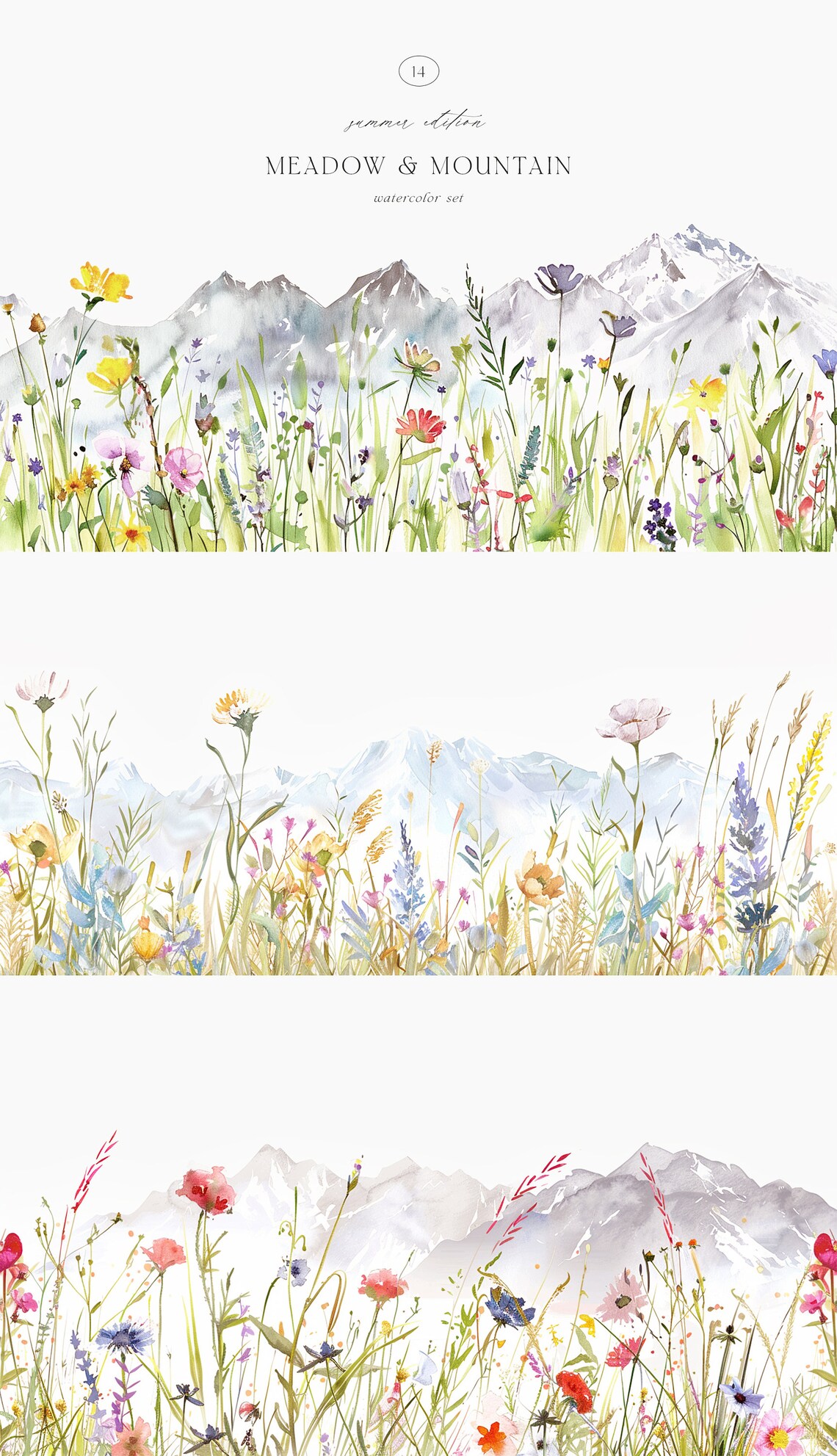 Watercolor Summer Wild Flowers and Mountains - Meadow - Summer Clipart ...