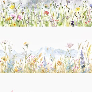 Watercolor Summer Wild Flowers and Mountains - Meadow - Summer Clipart ...