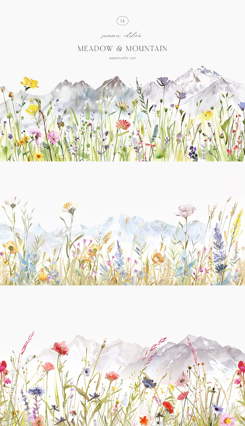 Watercolor Summer Wild Flowers and Mountains - Meadow - Summer Clipart ...