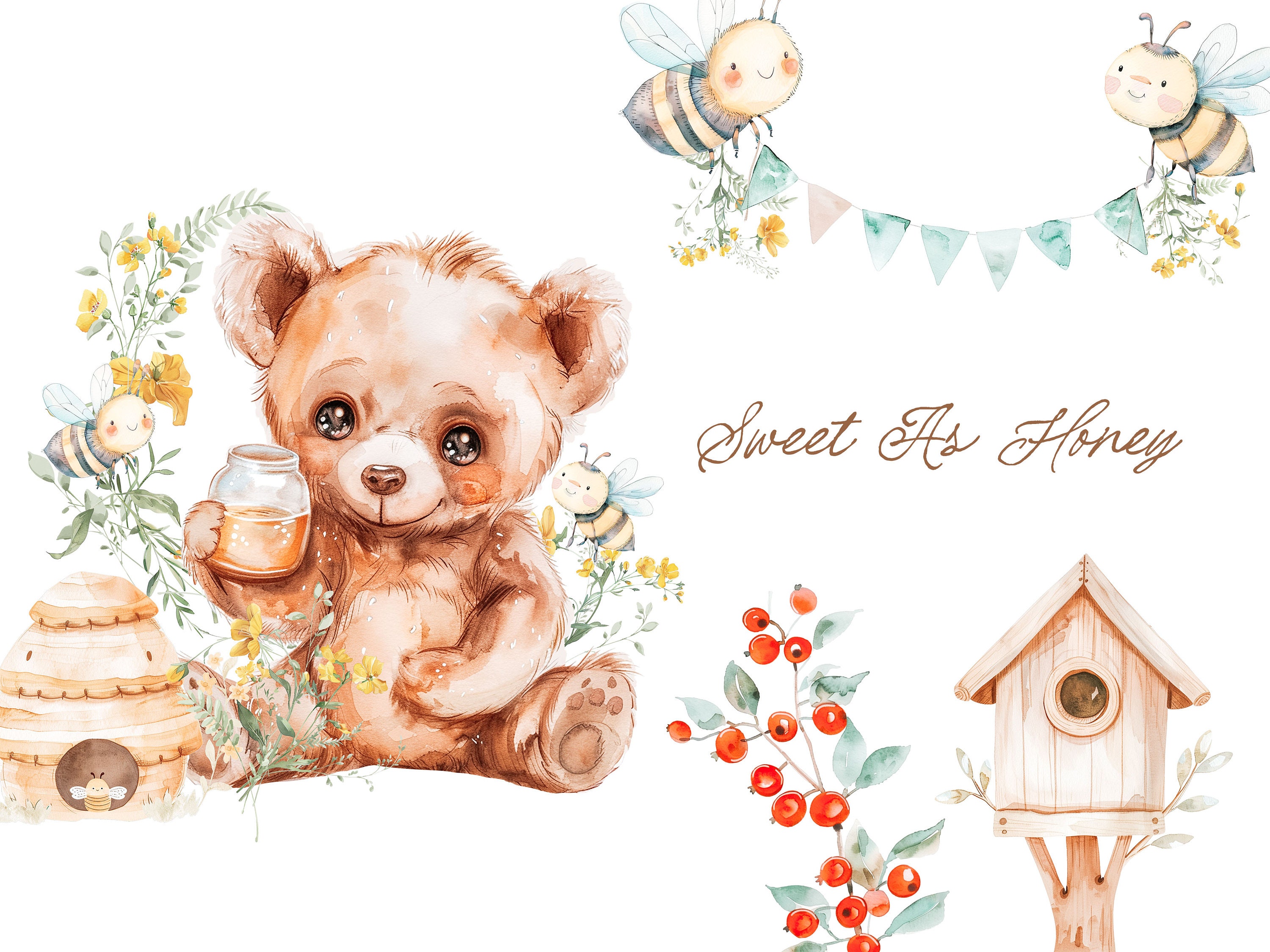 Cute Honey Bear Clipart Bear Clipart Teddy Bears Cute Bee Watercolor ...