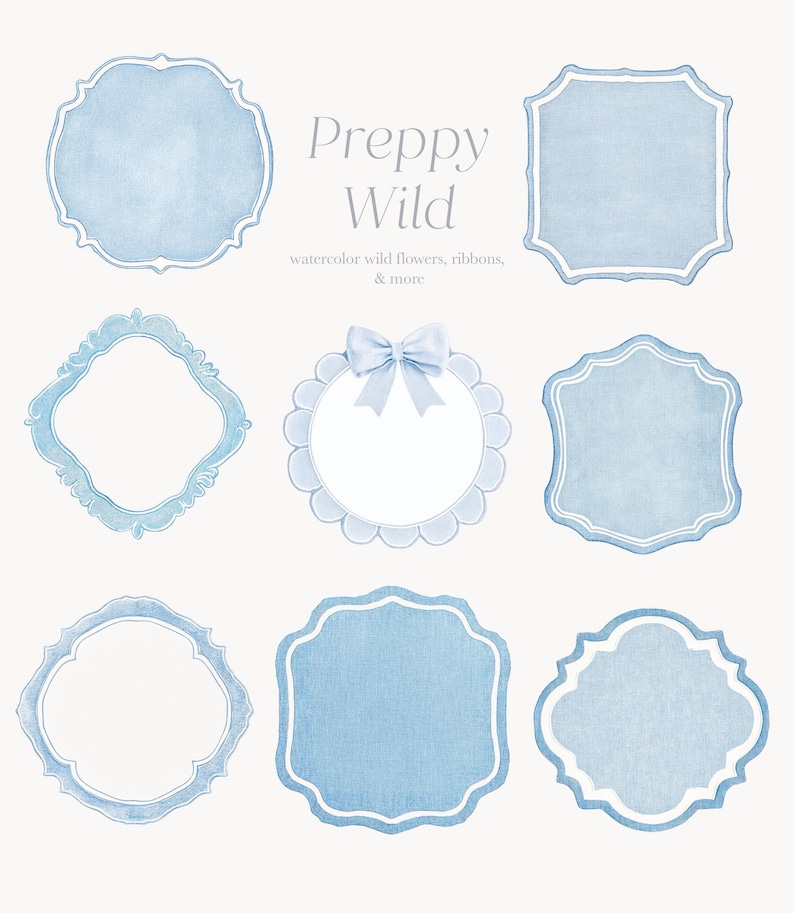 Preppy Blue Floral Clipart Collection - Preppy Flowers - Preppy Frames ...