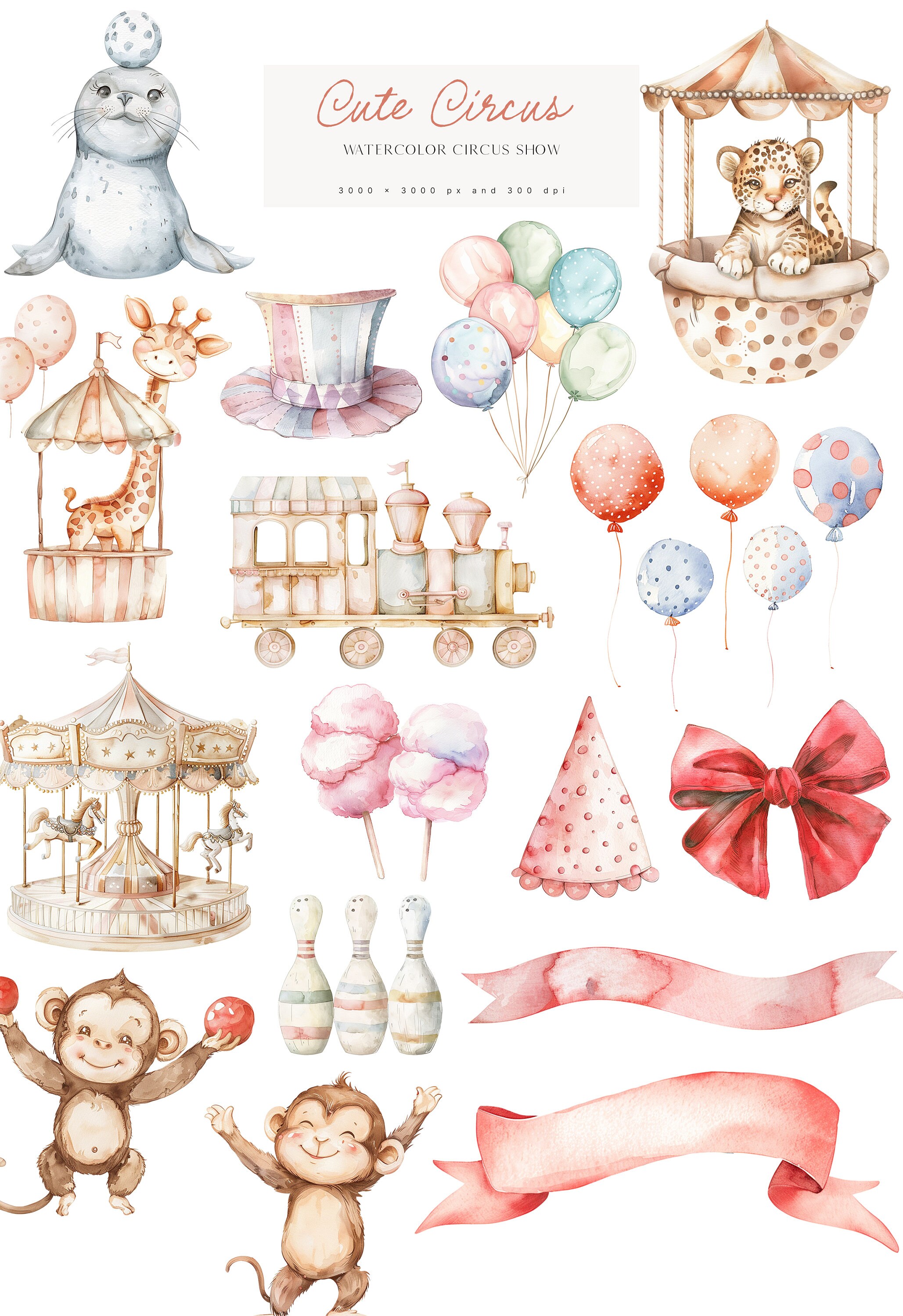 Cute Circus Clipart Set - Watercolor Circus - Circus Animals - Cute ...