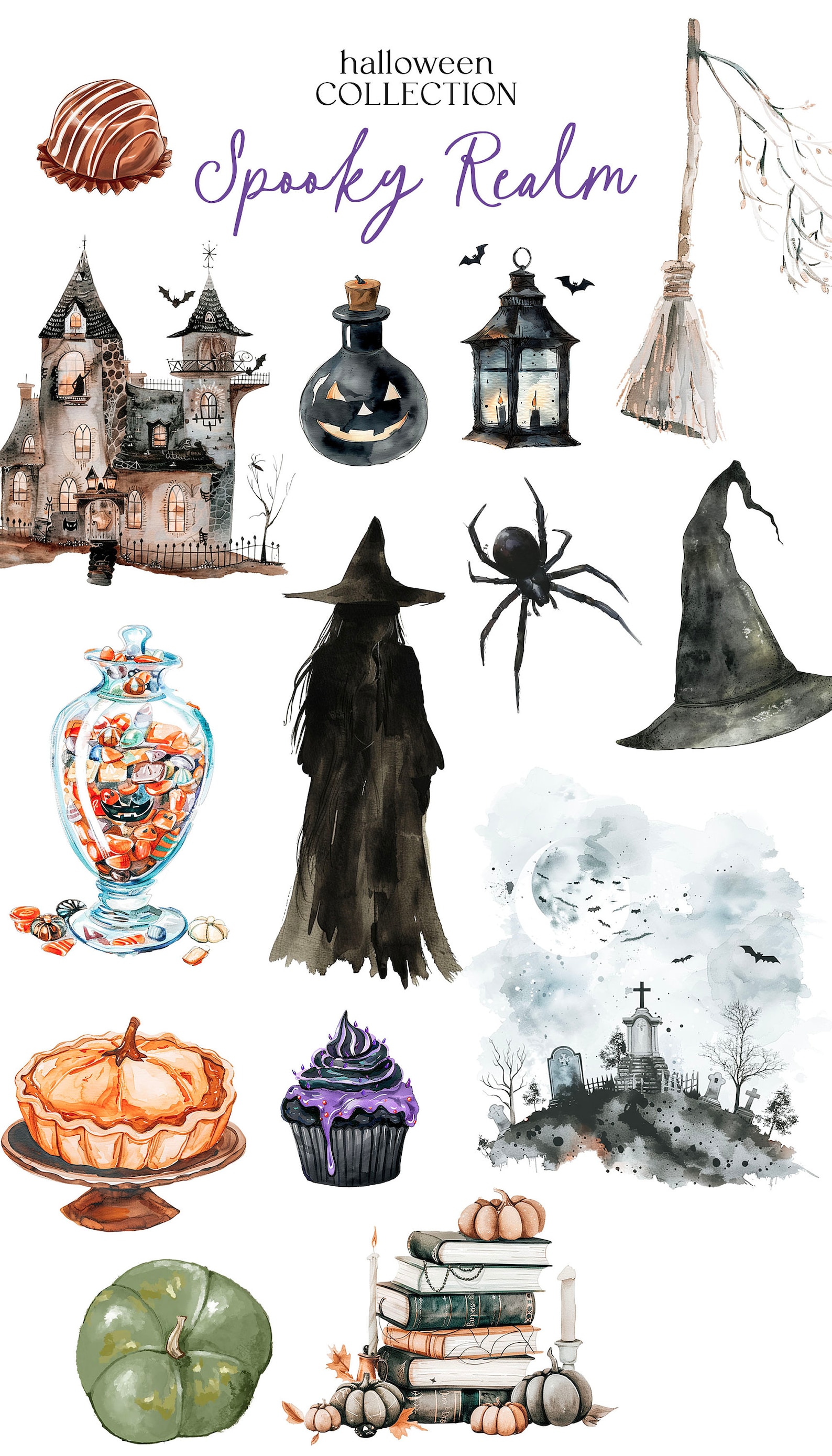 Halloween Watercolor Clipart - Spooky Clipart - Trick or Treat Clipart ...
