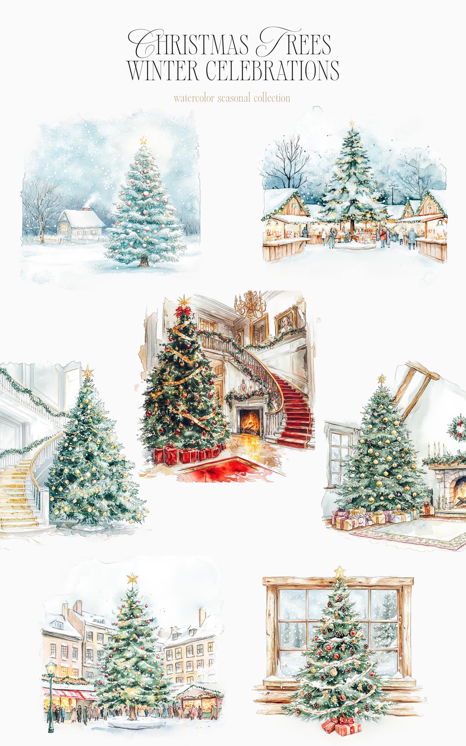 Watercolor Decorated Christmas Trees - Christmas Treesclipart - Clipart ...
