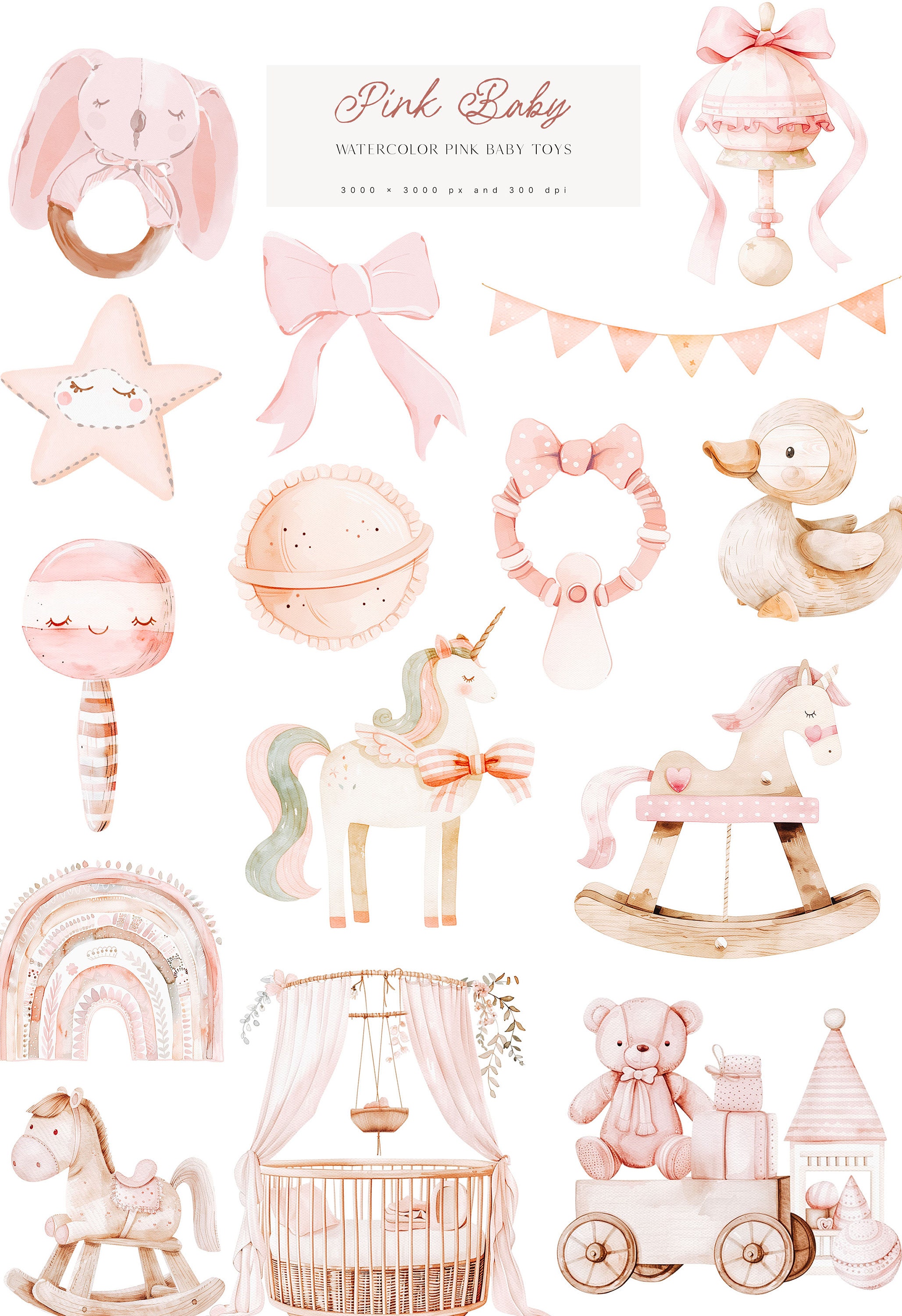 Pink Baby Toys Clipart Watercolor Baby Toys Pink Baby Clipart Boho Baby ...