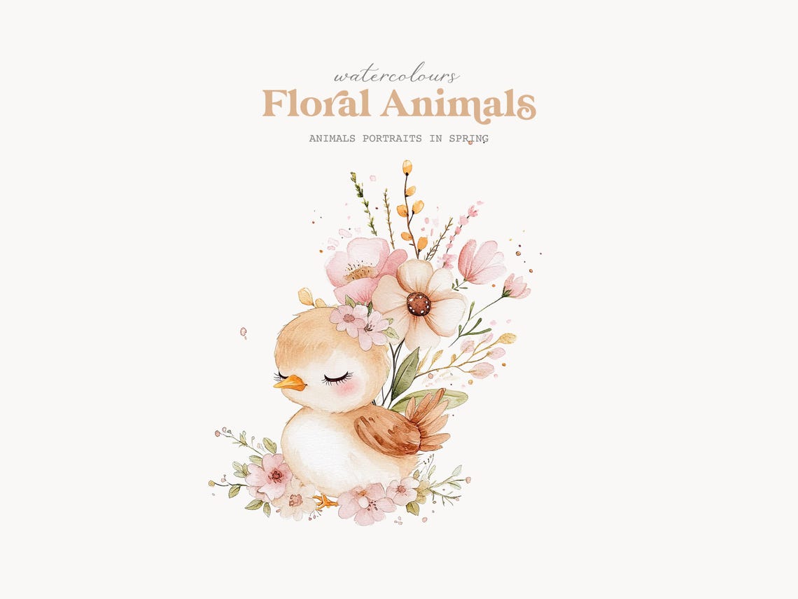 Watercolor Animals Portraits With Flowers - Spring Animals With Flowers ...