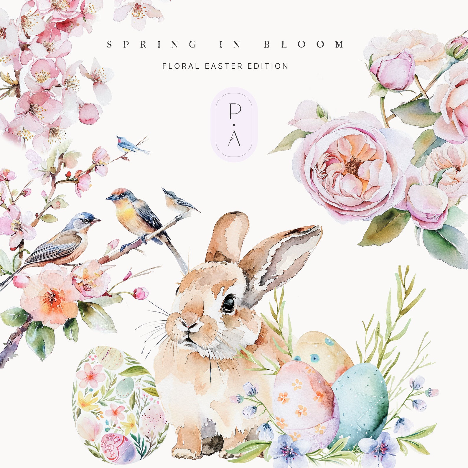 Watercolor Easter Clipart Set Bunny Clipart Spring Florals Watercolor ...