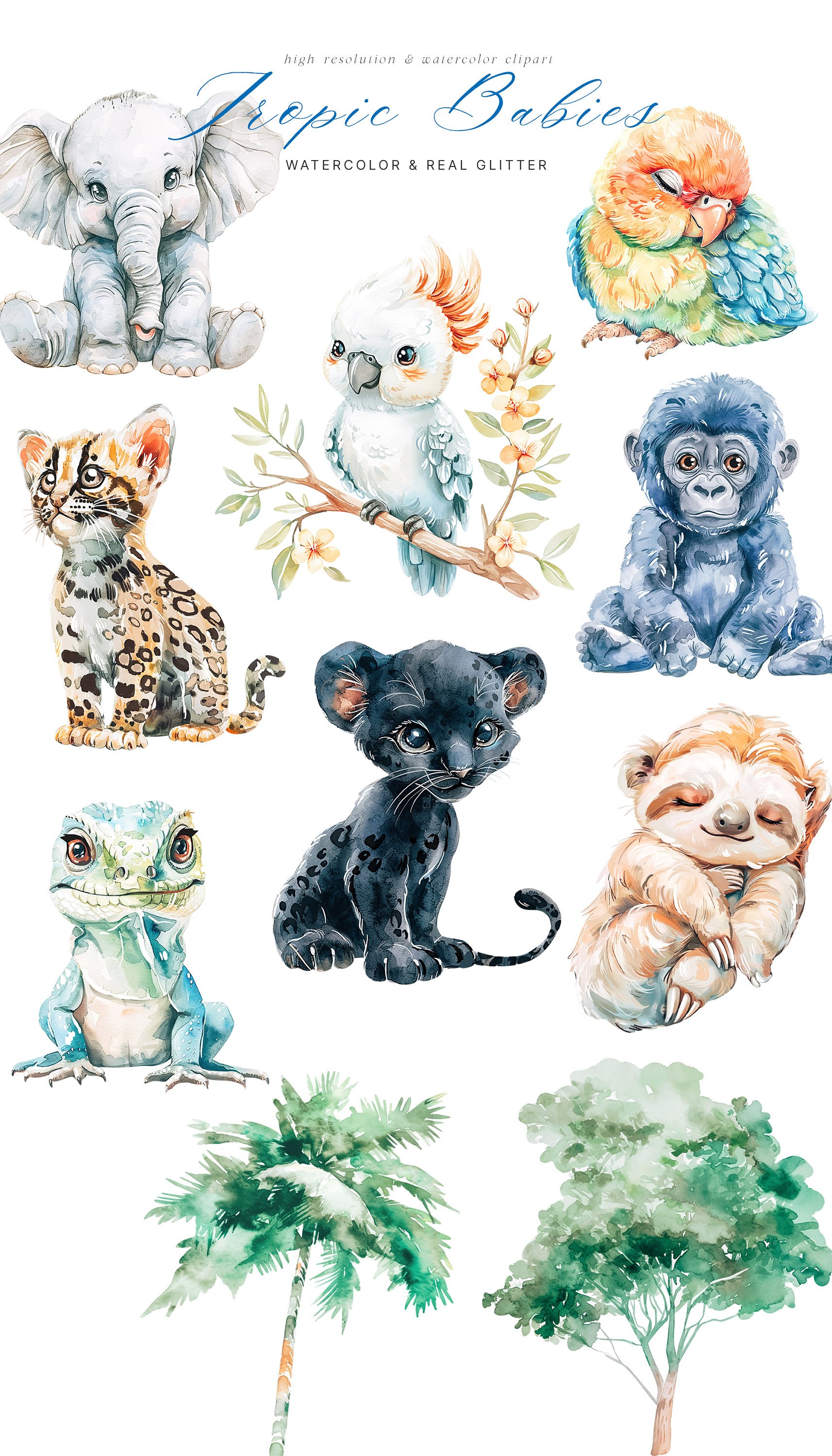 Baby Jungle Animals Watercolor Clipart Nursery Clipart Tropical Clipart ...