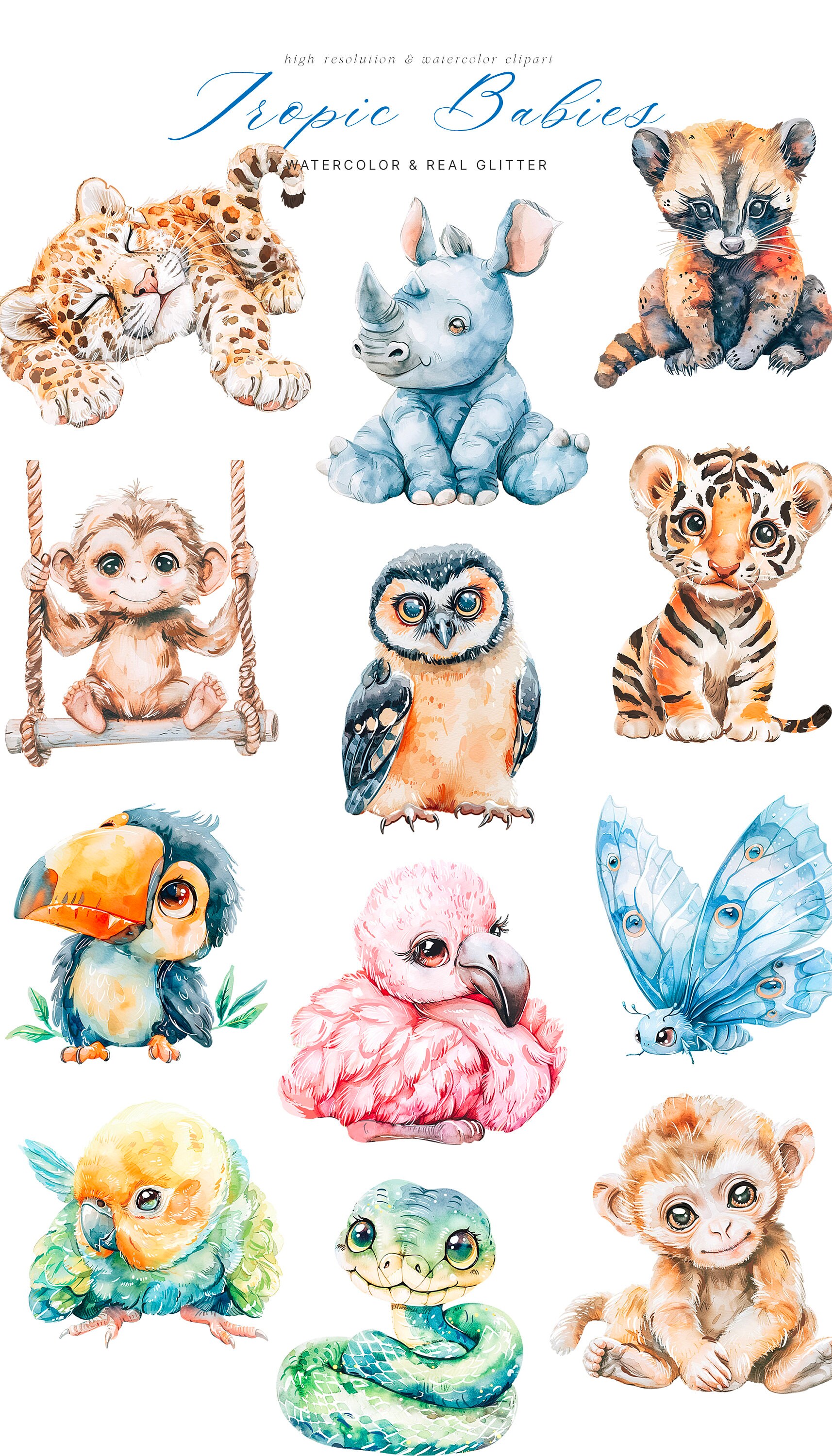 Baby Jungle Animals Watercolor Clipart Nursery Clipart Tropical Clipart ...