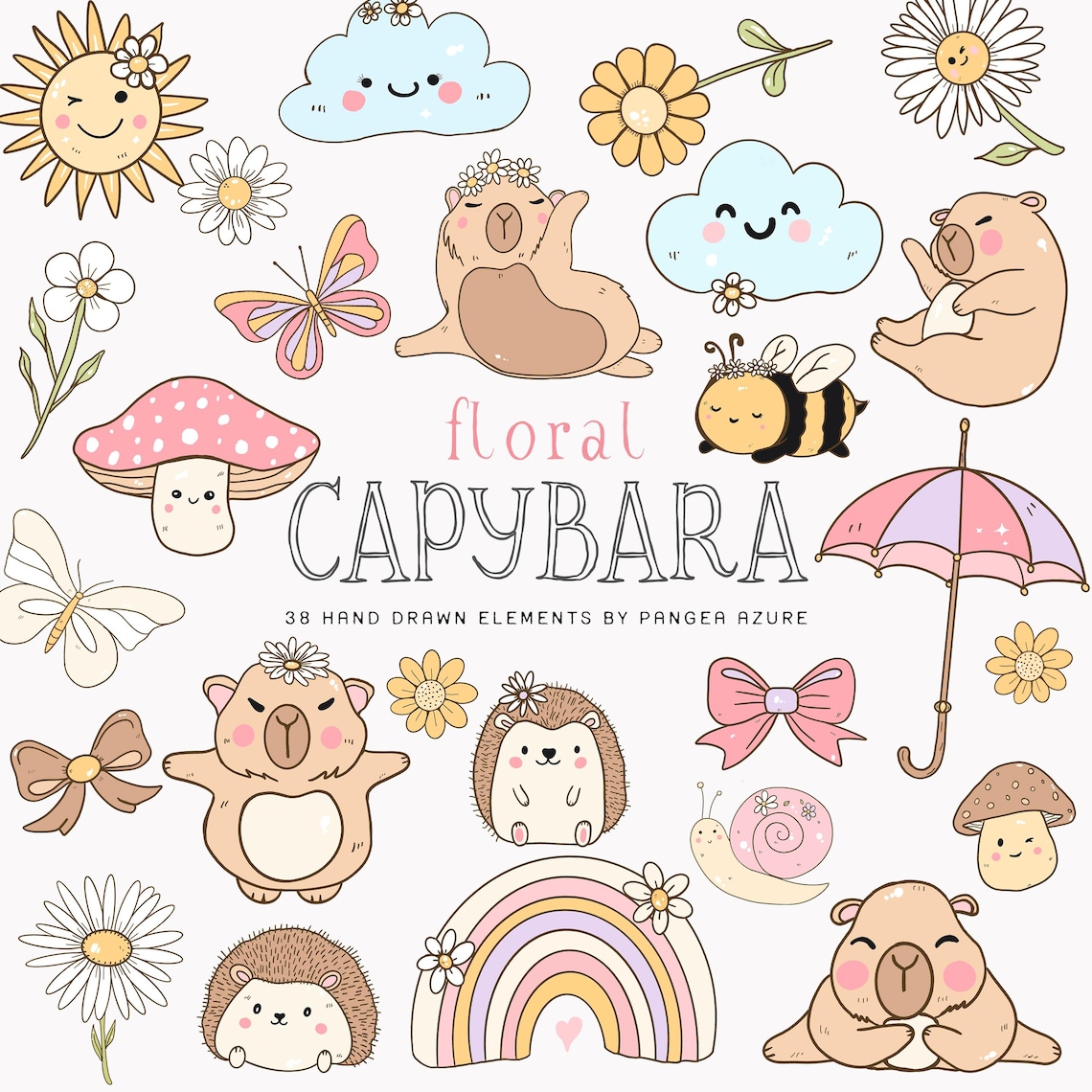 Hand Drawn Cute Floral Groovy Capybara Clipart - Line Art - No AI - Etsy
