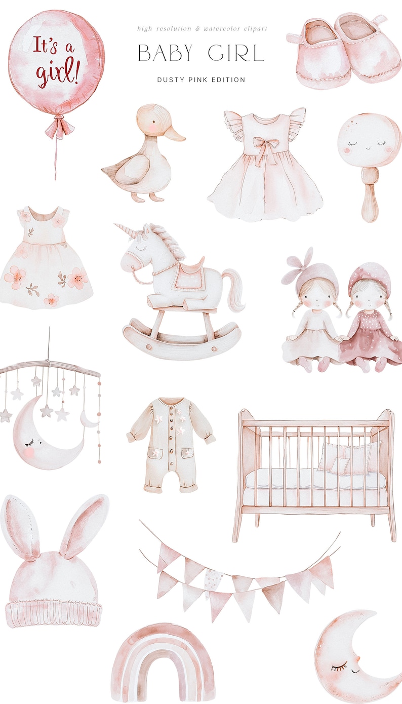 Baby Shower Watercolor Clipart Baby Girl Clipart Nursery Clipart Gender ...