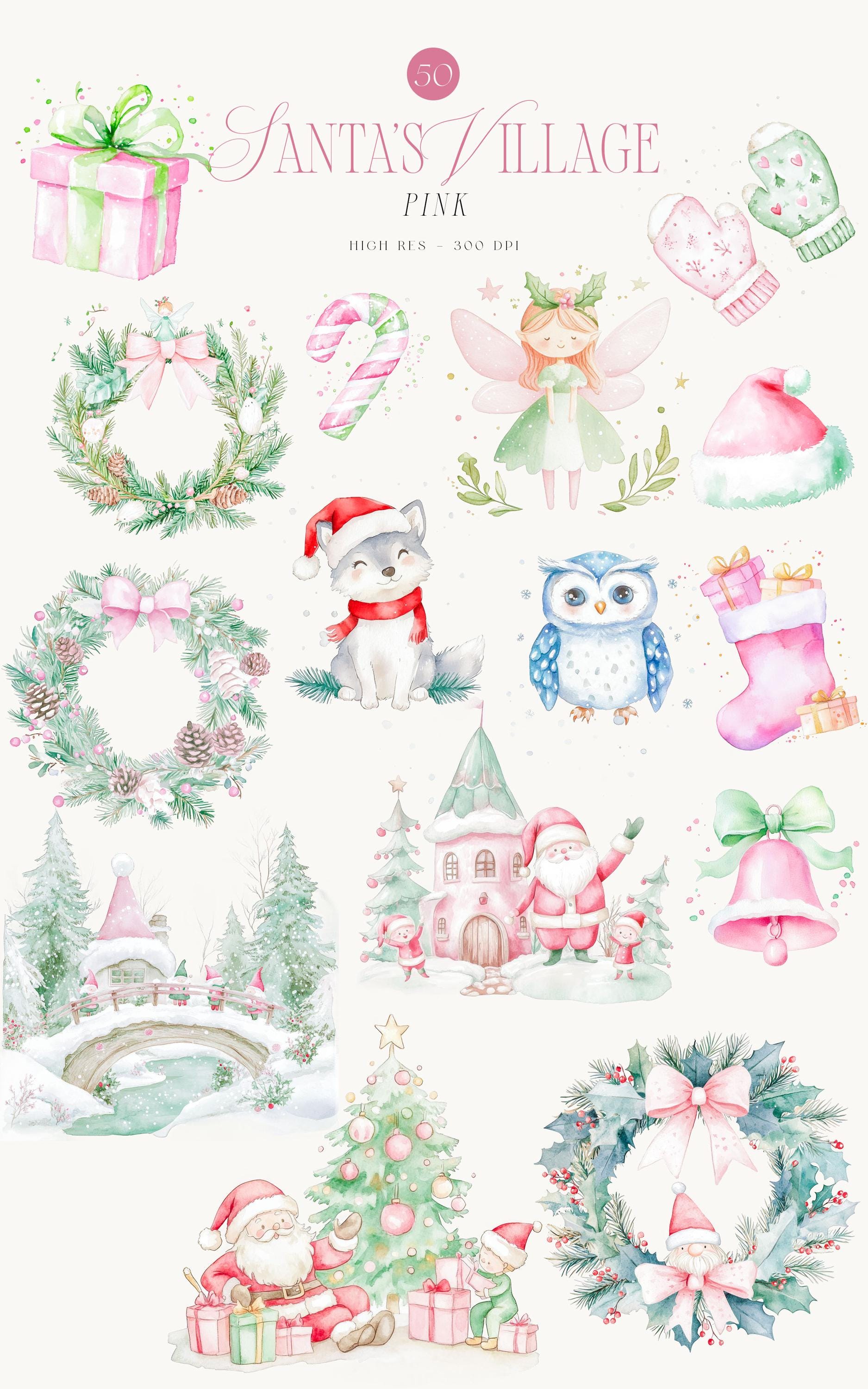Pink & Green Christmas Clipart - Cute Santa Claus Clipart - Clipart for ...