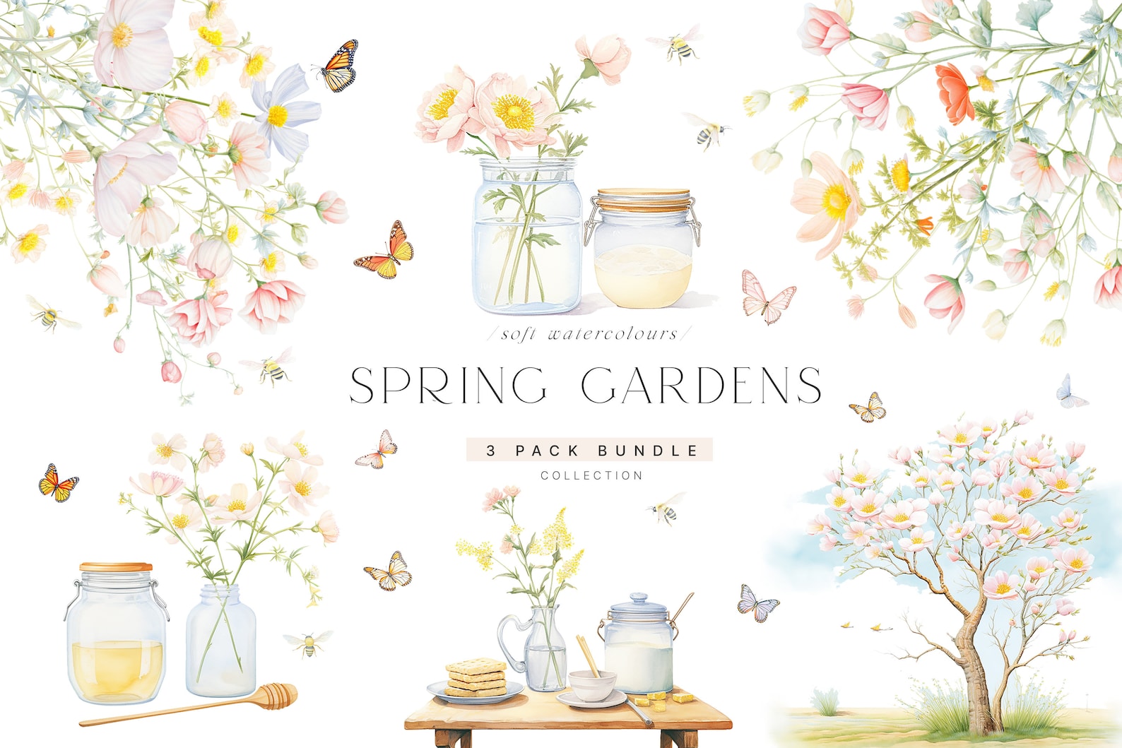 Watercolor Floral Clipart Spring Clipart Honey Bees Clipart Butterflies ...