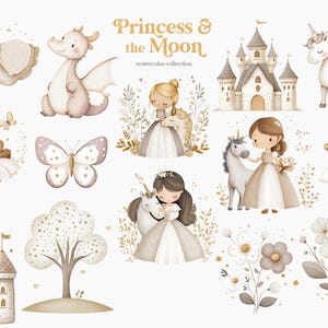 Watercolor Princess and Unicorn Clipart - Moon and Princess Clipart ...