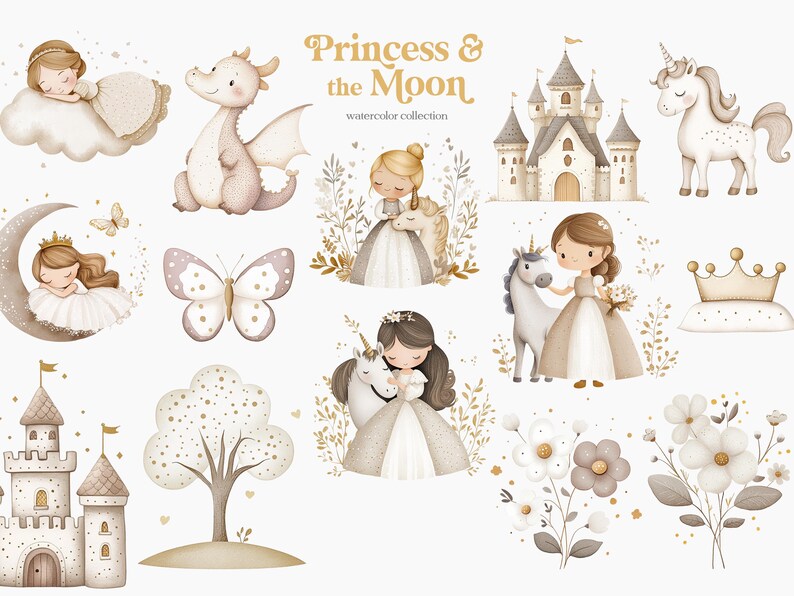 Watercolor Princess and Unicorn Clipart - Moon and Princess Clipart ...