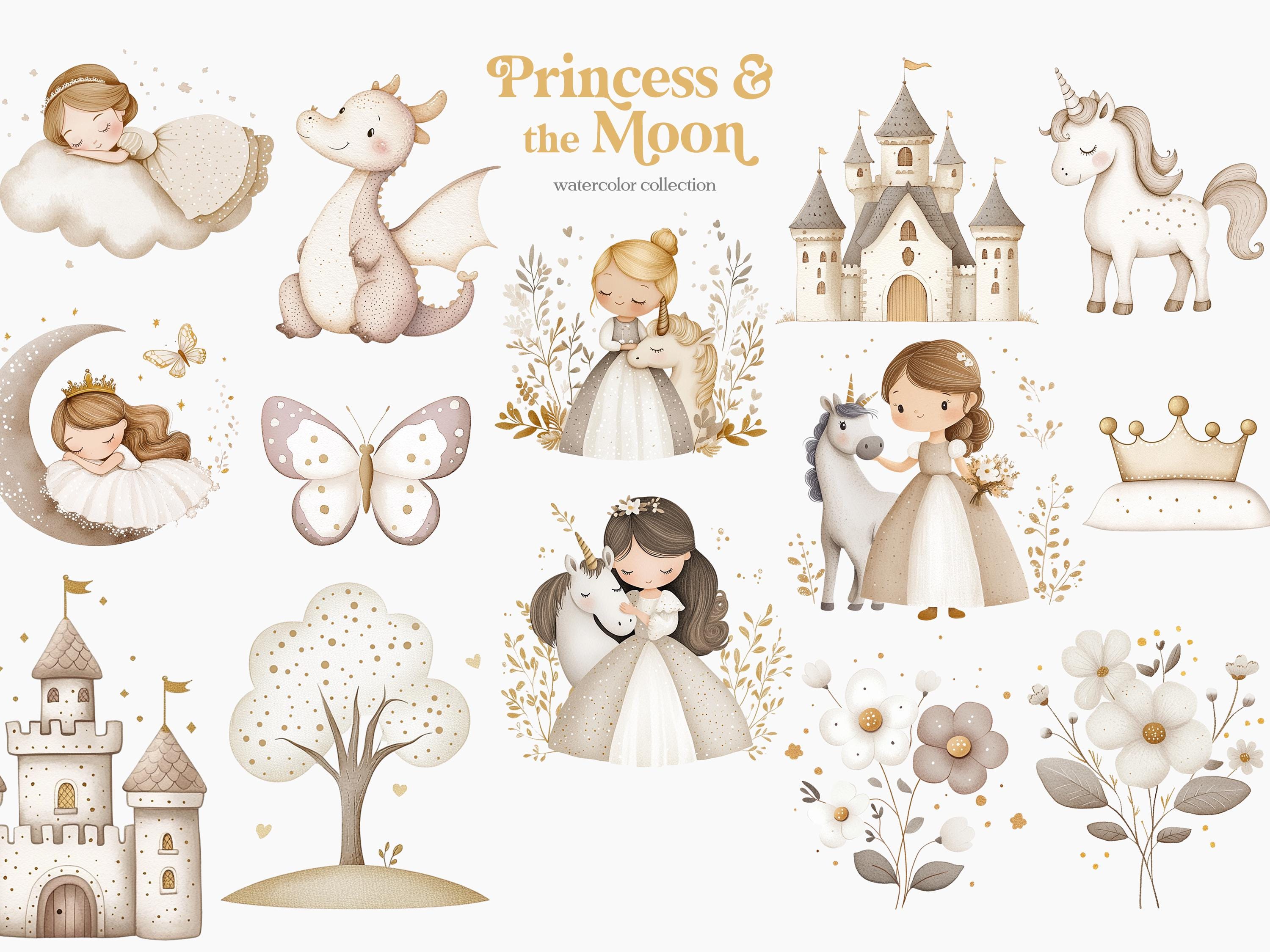 Watercolor Princess and Unicorn Clipart - Moon and Princess Clipart ...