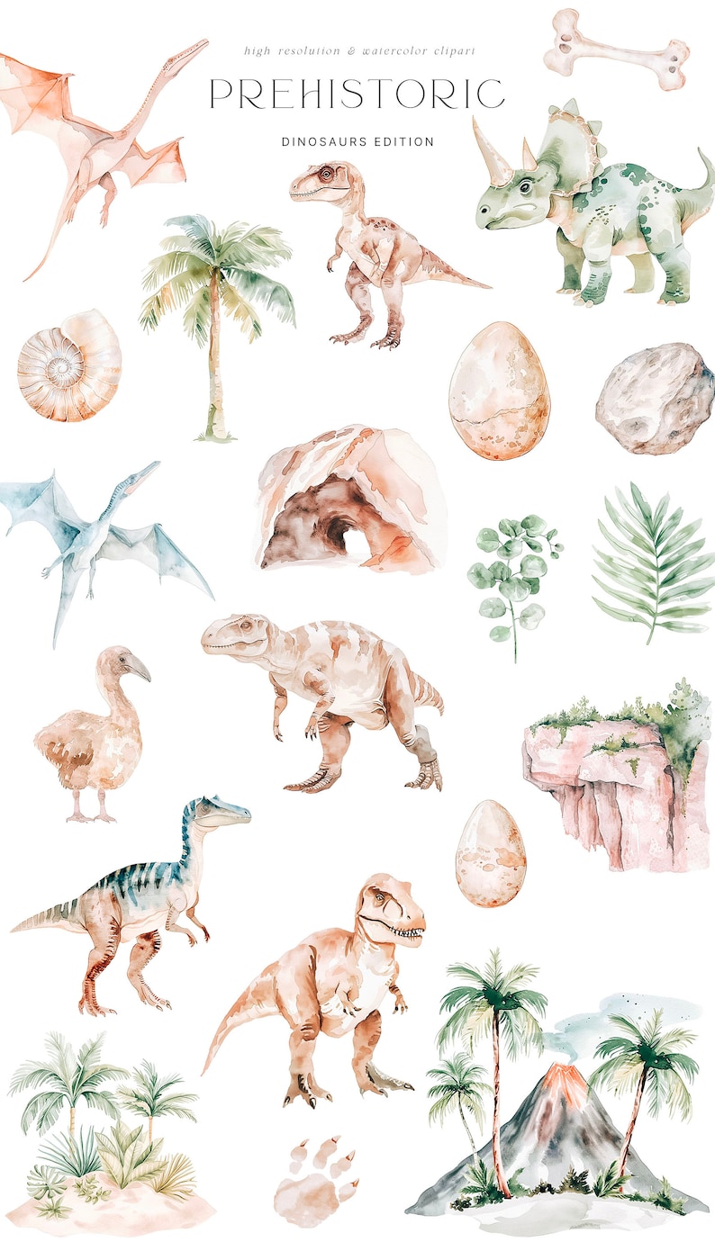 Dinosaur Watercolor Clipart Set Prehistoric Clipart Watercolor ...