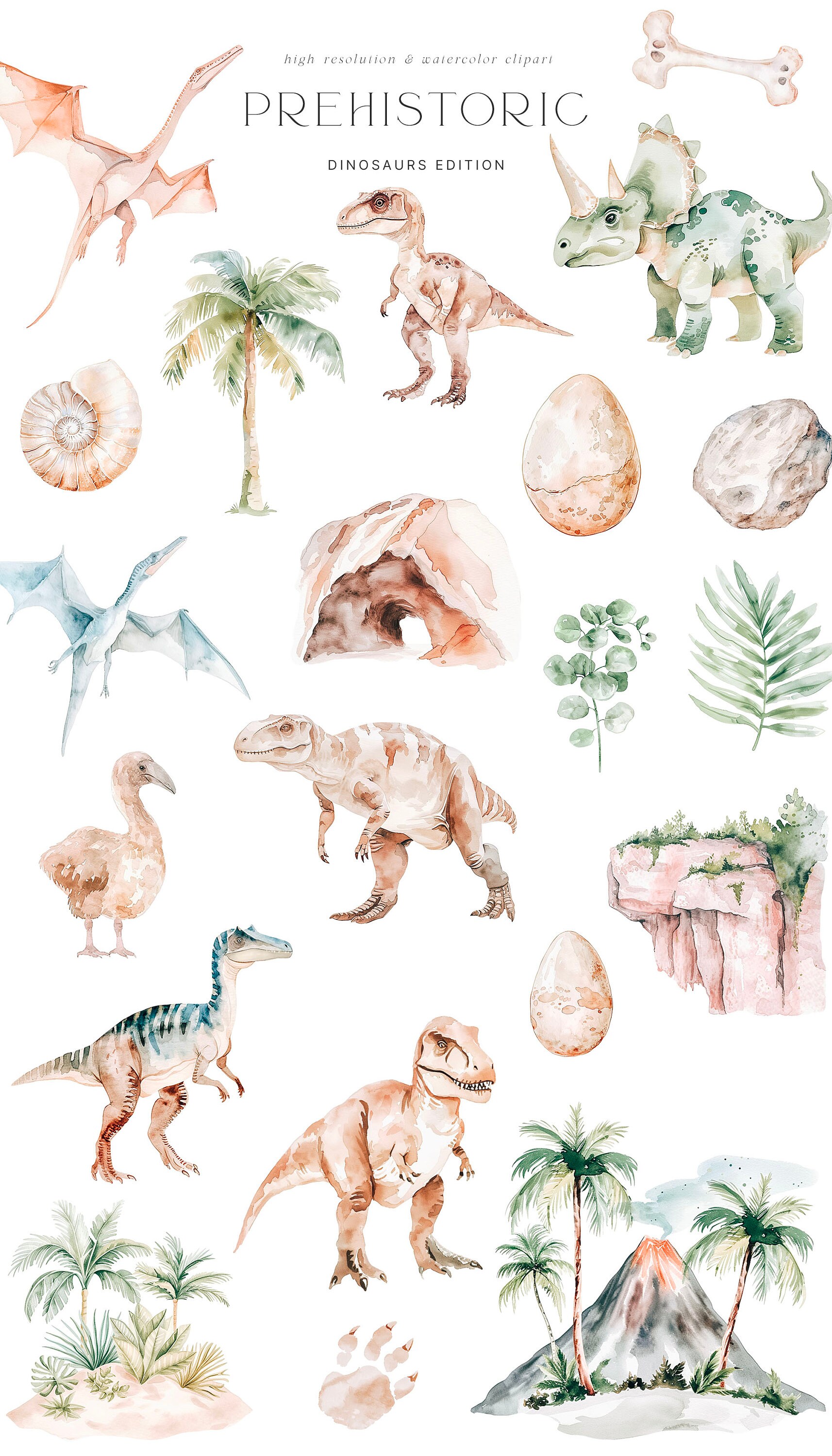 Dinosaur Watercolor Clipart Set - Prehistoric Clipart - Watercolor ...
