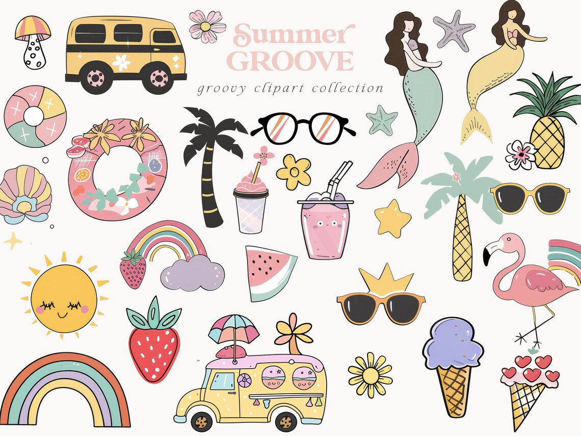 Groovy Retro Summer Clipart Set - Summer Clipart Collection - Retro ...