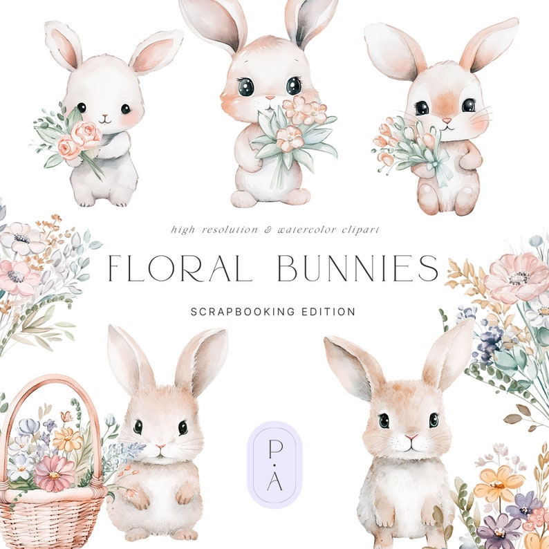 Watercolor Floral Bunnies Clipart Spring Bunnies Set Spring Clipart ...