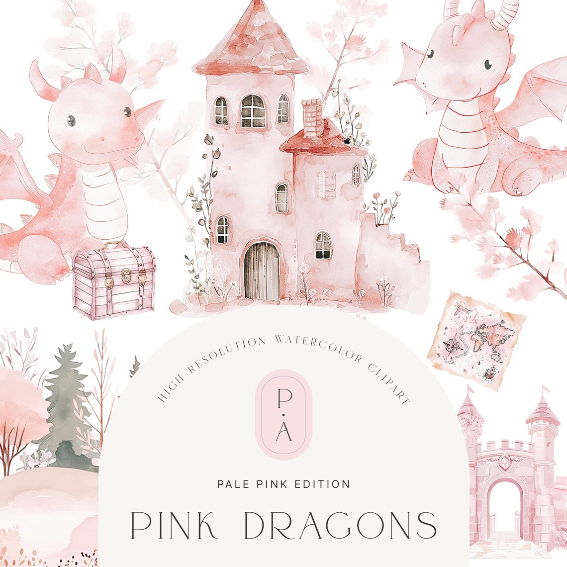 Pink Dragons Watercolor Clipart Dragon Clipart Pink Kingdom Clipart ...