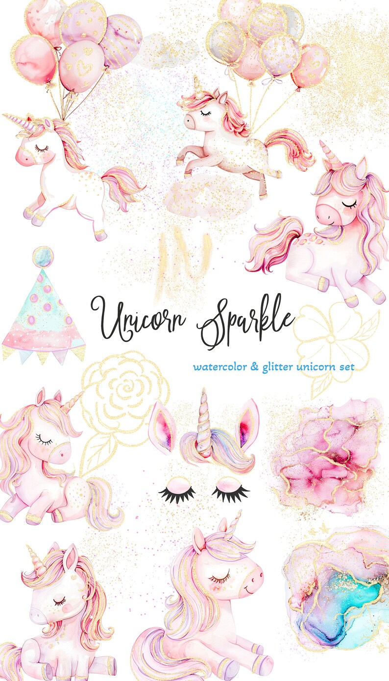 Unicorns & Glitter Clipart Set Unicorn Party Clipart Glitter and Gold ...