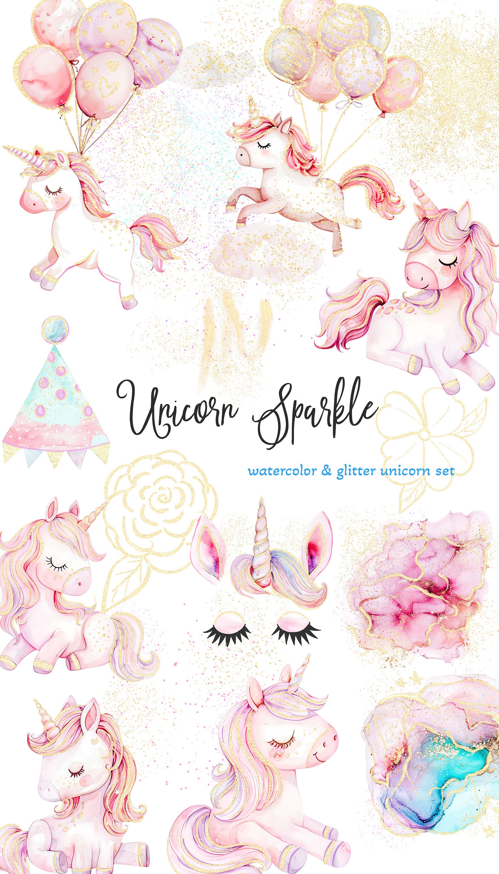 Unicorns & Glitter Clipart Set Unicorn Party Clipart Glitter and Gold ...