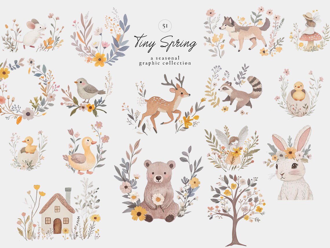 Watercolor Cute Spring Bunnies and Animals Clipart - Tiny Spring ...