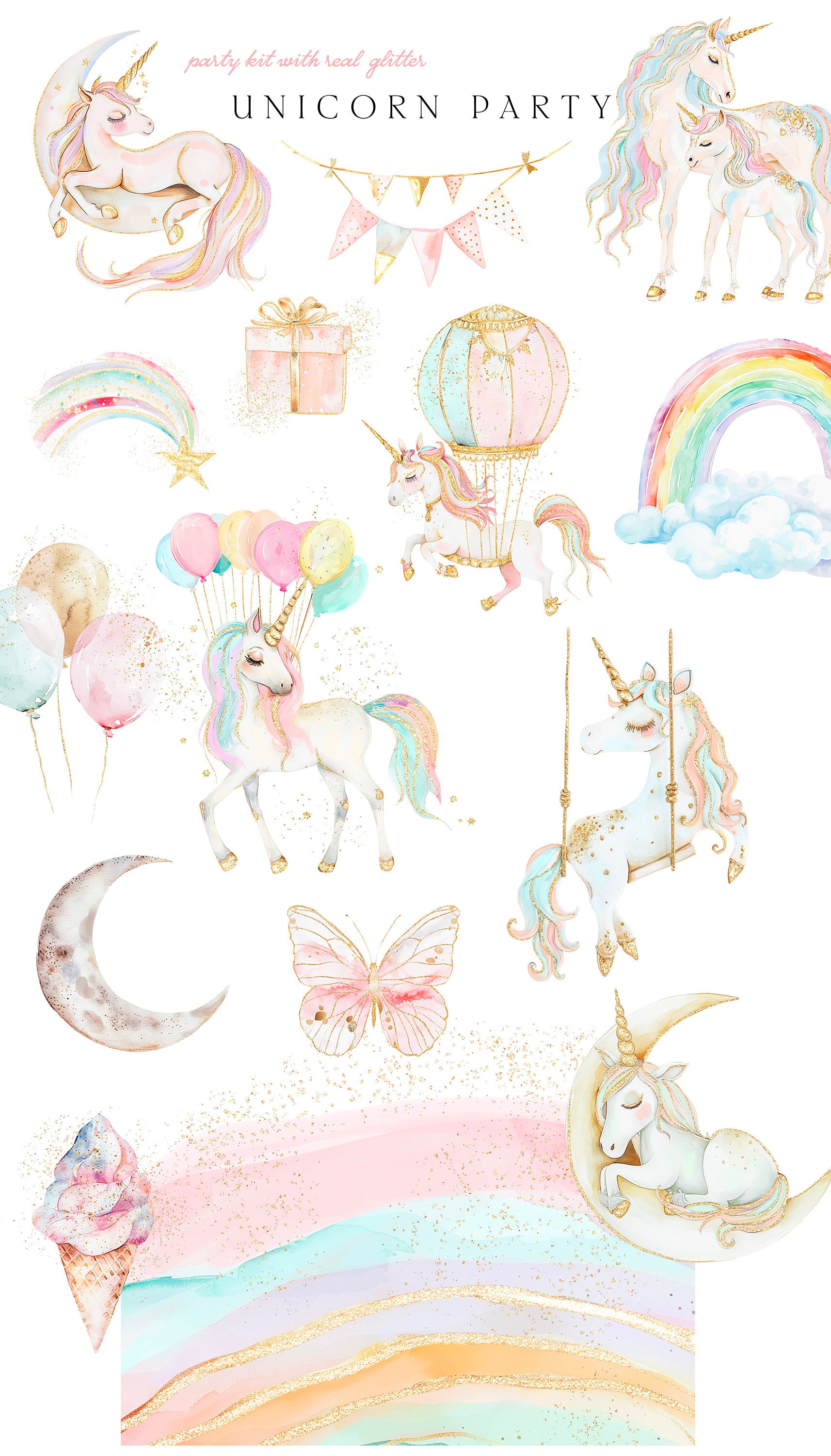 Unicorn Party Clipart - Pastel Unicorns - Watercolor Unicorn Collection ...