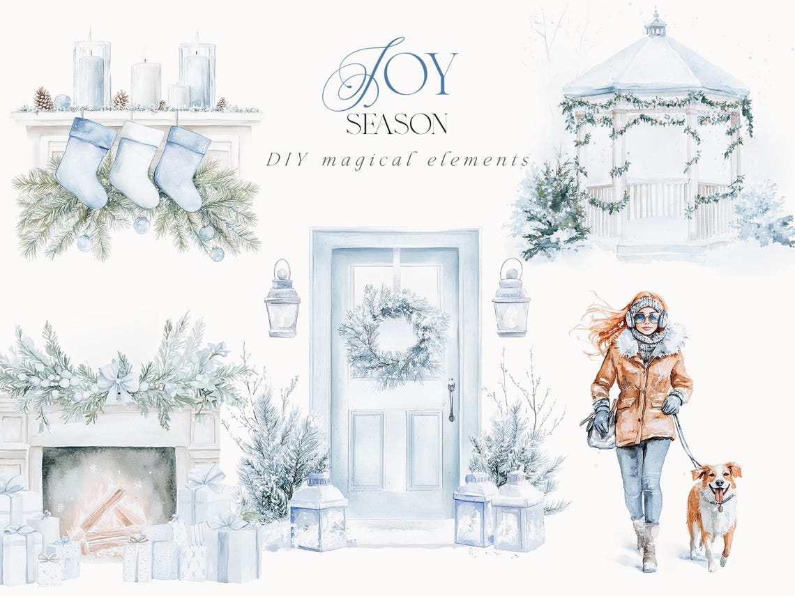 Watercolor Dusty Blue Winter and Christmas Modern Collection - Girl ...