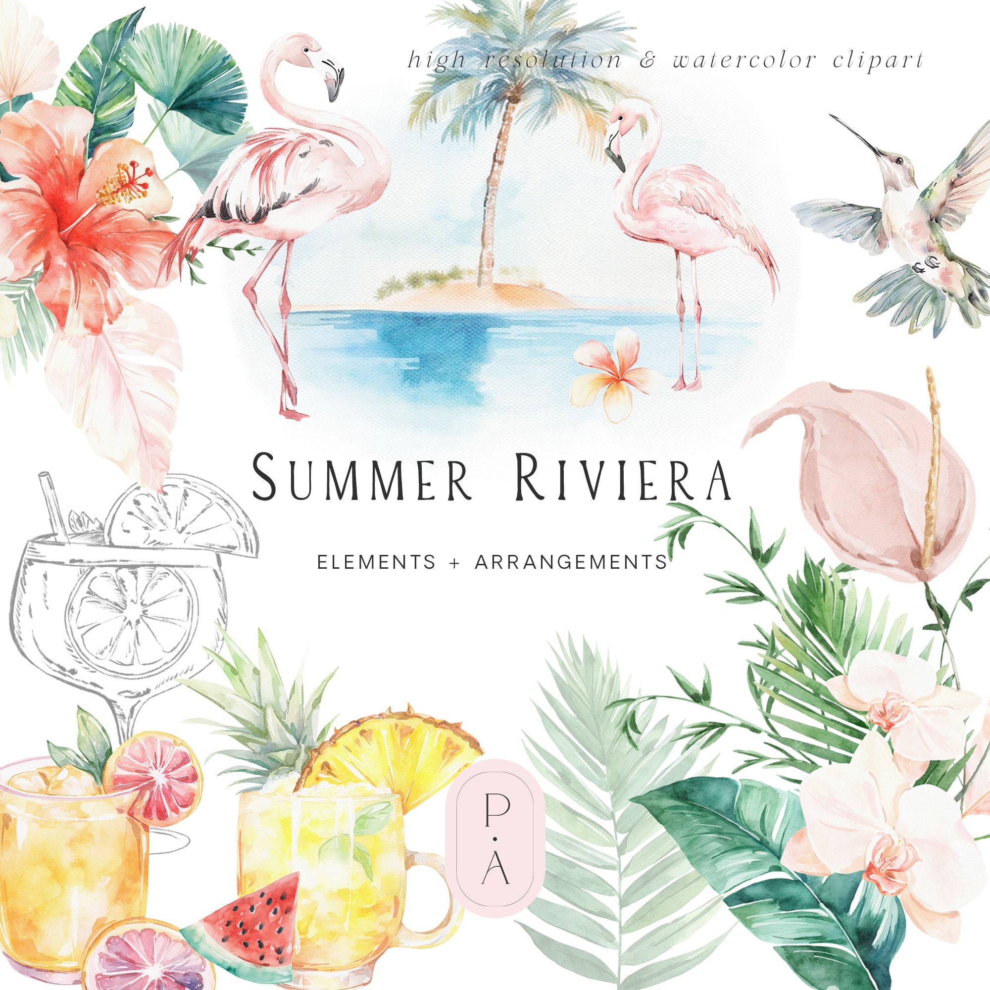 Tropical Summer Clipart Watercolor Summer Clipart Tropical Florals ...