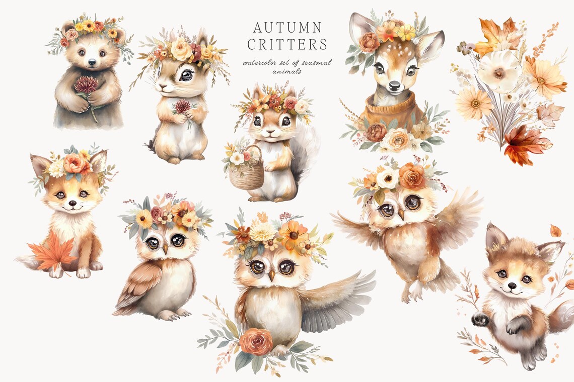 Watercolor Autumn Animals Clipart - Woodland Animals Clipart ...