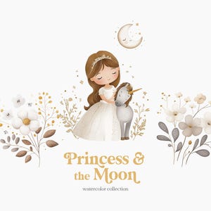 Watercolor Princess and Unicorn Clipart - Moon and Princess Clipart ...