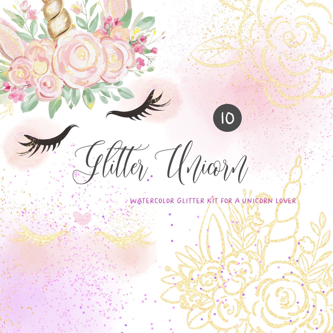 Glitter Unicorn Face Clipart - Watercolor & Glitter - Watercolor ...