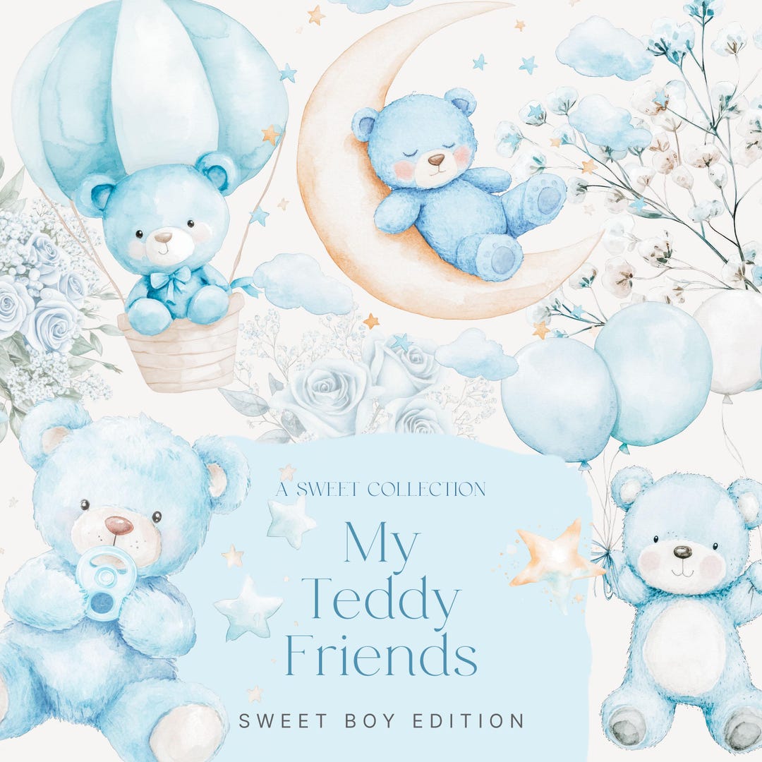 Blue Teddy Bear Clipart - Boy Baby Shower - Dusty Blue - Nursery ...