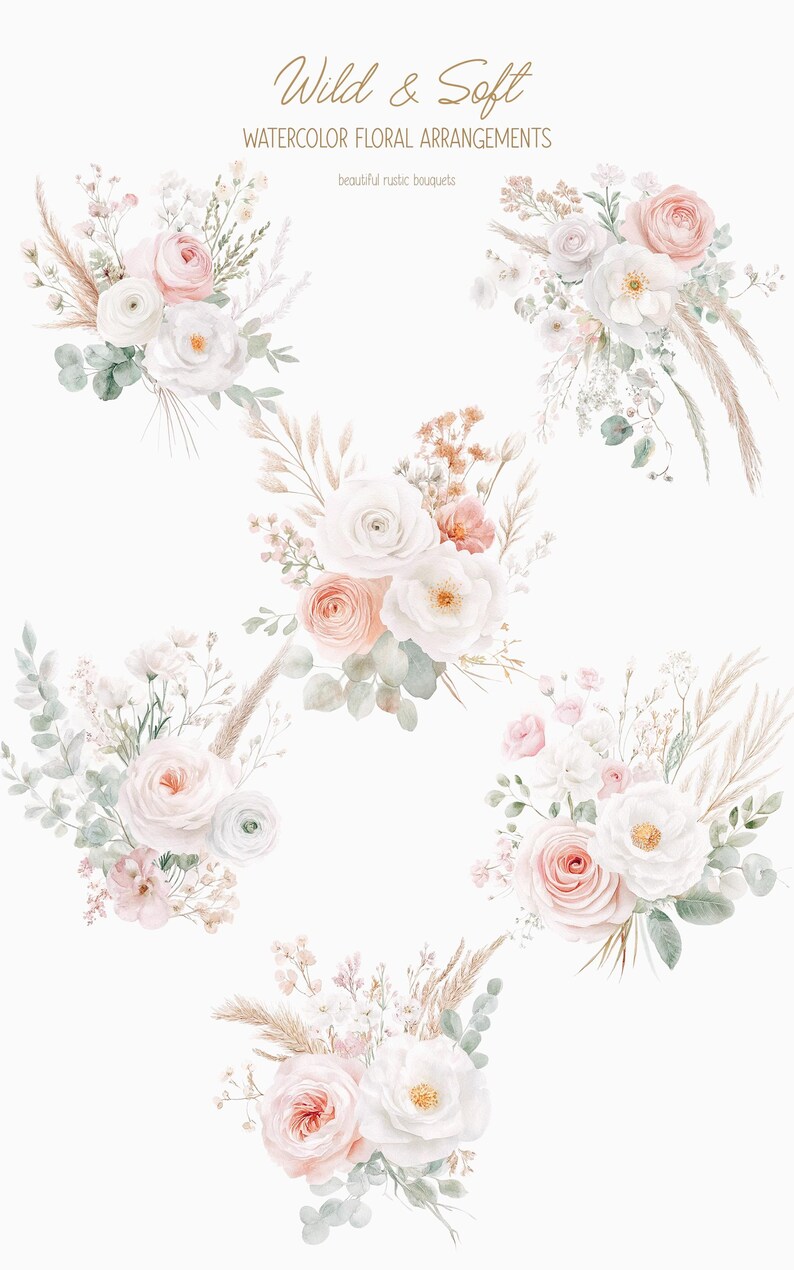 Watercolor Bohemian Blush Floral Clipart - Boho Blush Flowers - Rustic ...