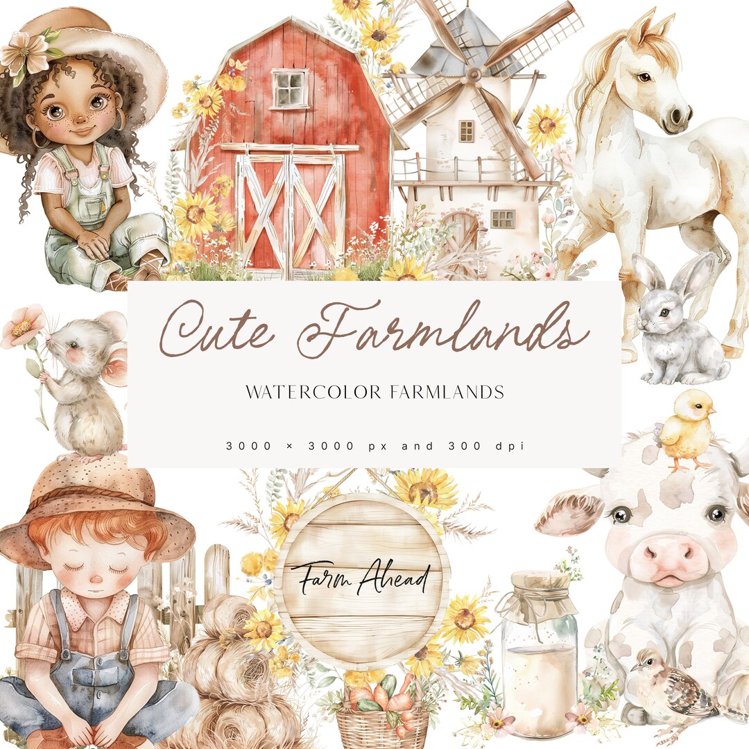 Cute Farm Clipart - Watercolor Farm - Farm Animals Clipart - Baby ...