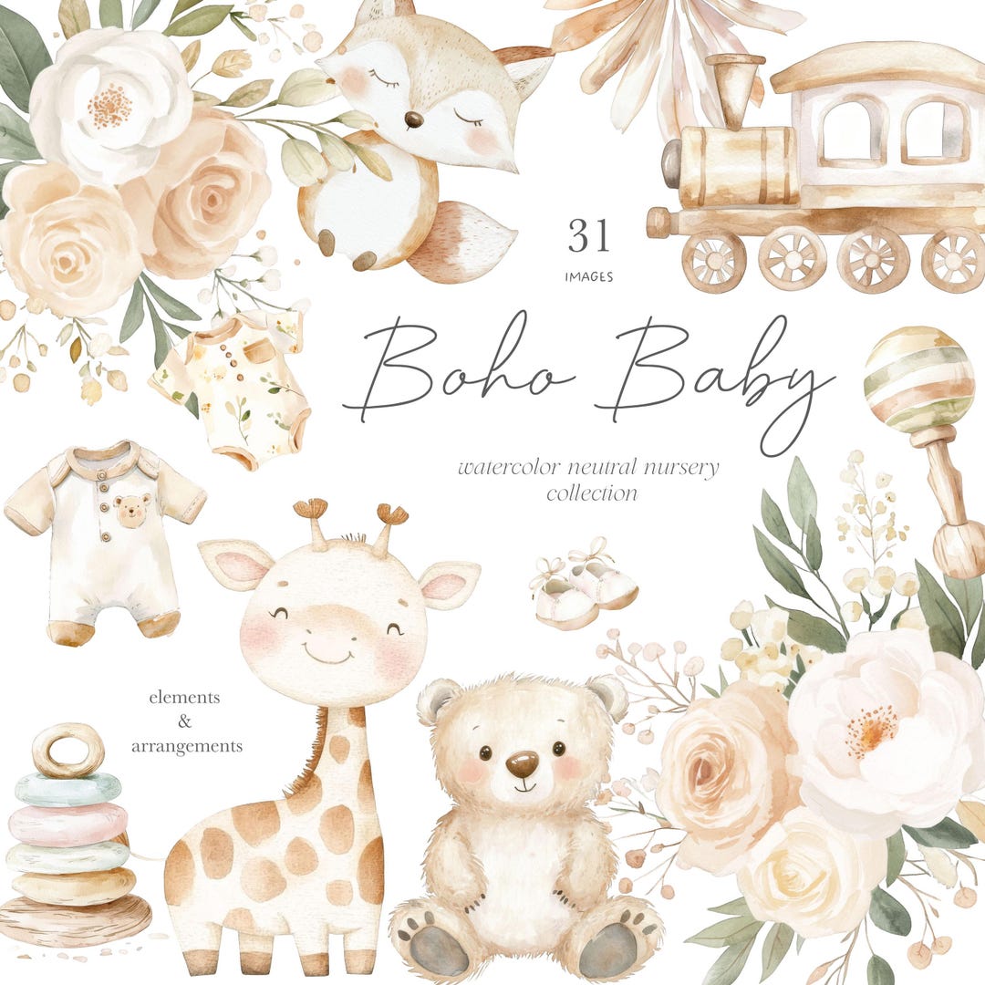 Neutral Baby Watercolor Clipart - Boho Baby - Boho Animals - Neutral ...