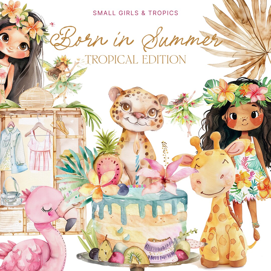 Boho Summer Kids Party Clipart Set - Watercolor Tropical Animals ...