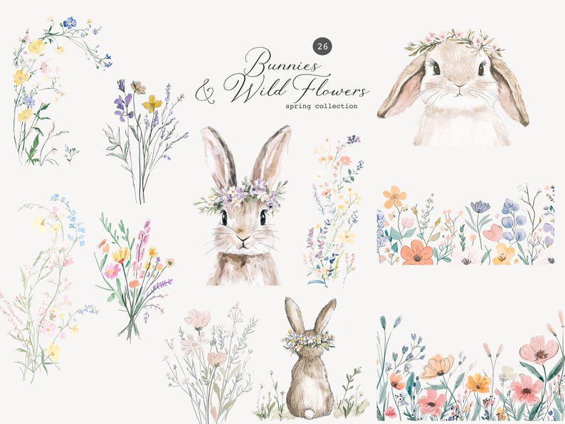 Watercolor Bunnies and Wild Flower Collection - Spring Bunnies ...