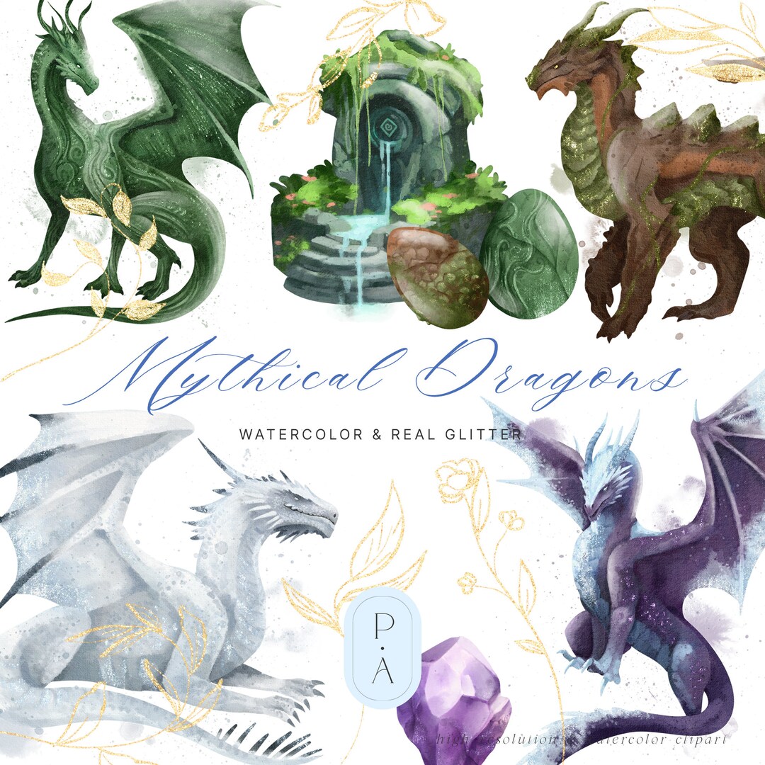 Fantasy & Dragon Watercolor Clipart Dragon Clipart Magical Clipart Gold ...